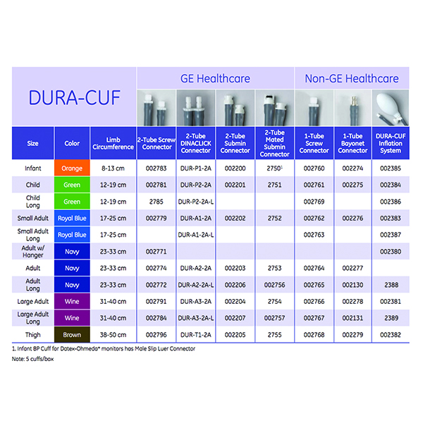 GE Critikon DURA-Cuff BP Cuffs, 2-Tube Screw Connector | MME